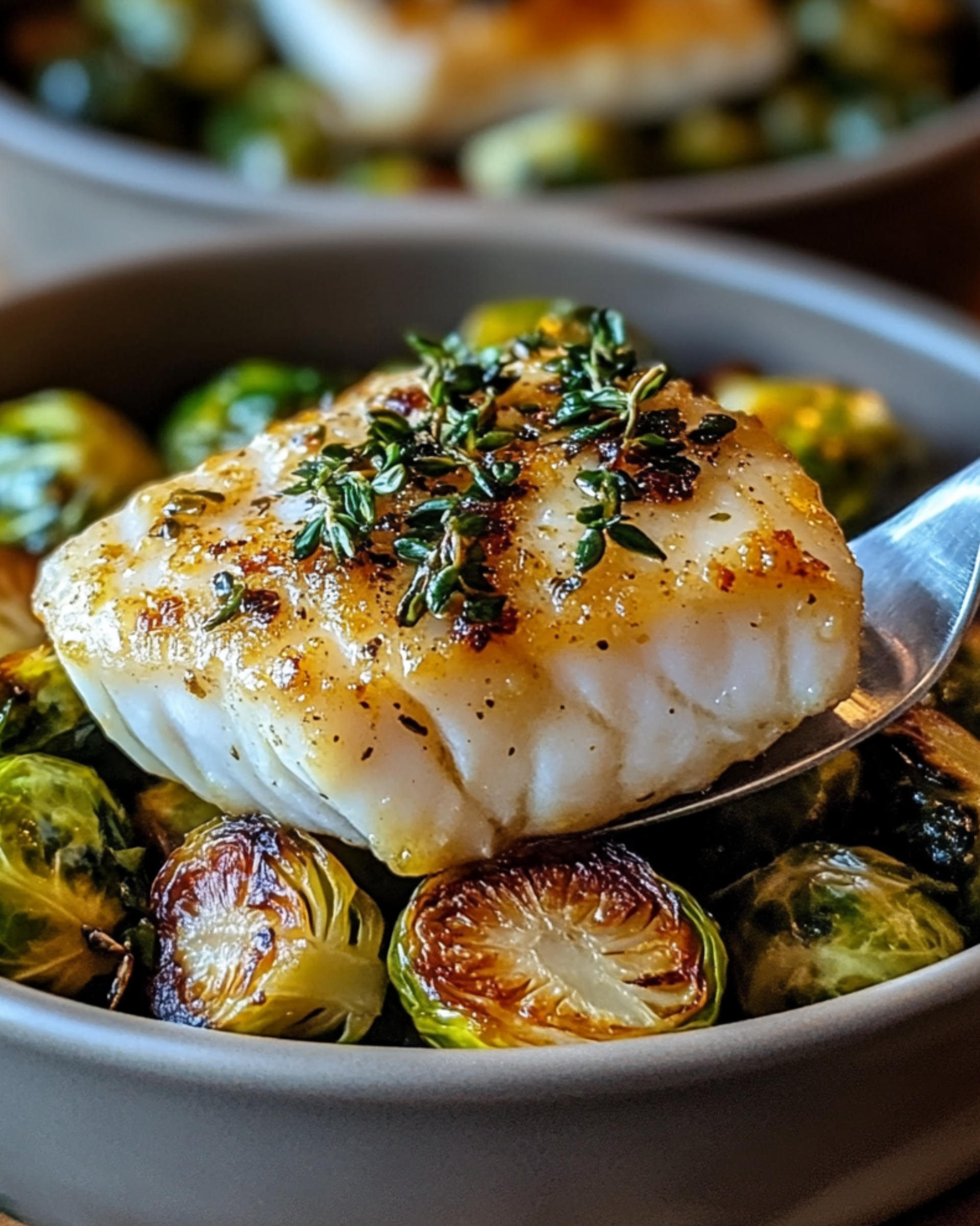 Lemon Garlic Butter Cod Bowls with Roasted Brussels Sprouts