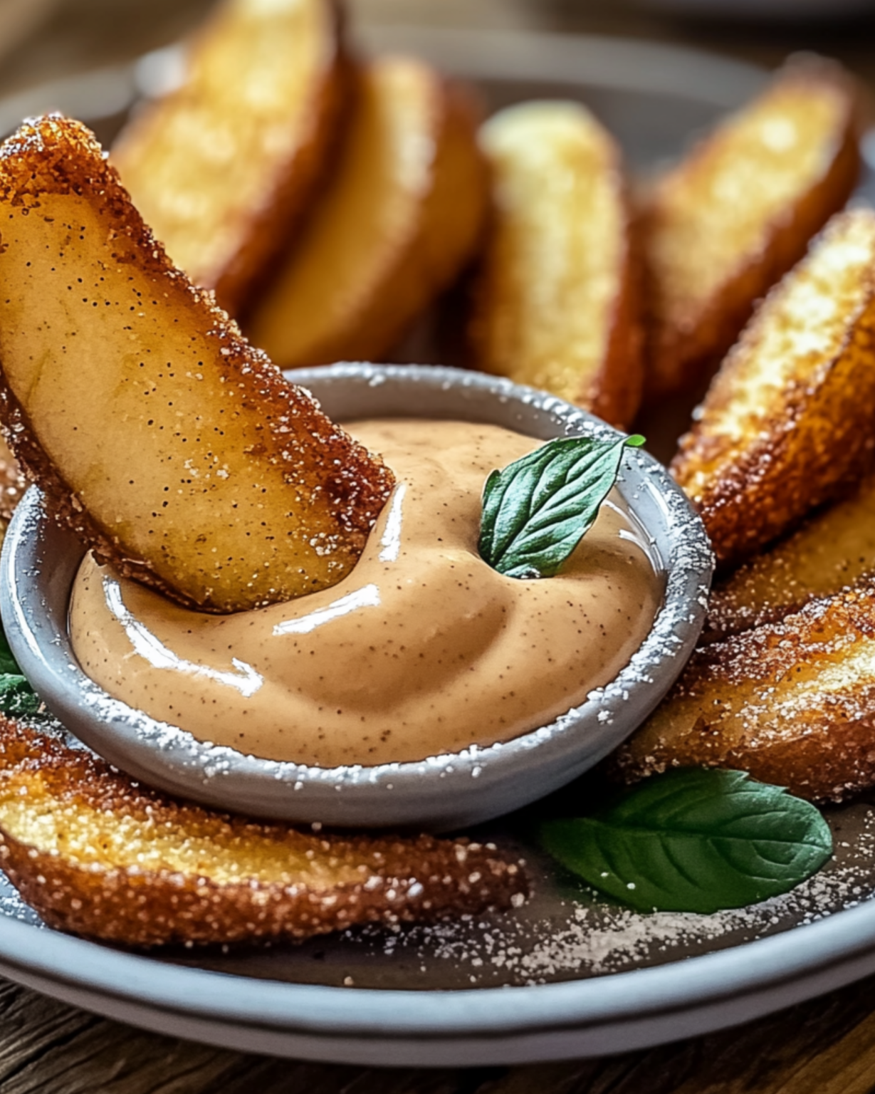 Air Fried Apple Wedges with Caramel Whipped Cream Dipping Sauce