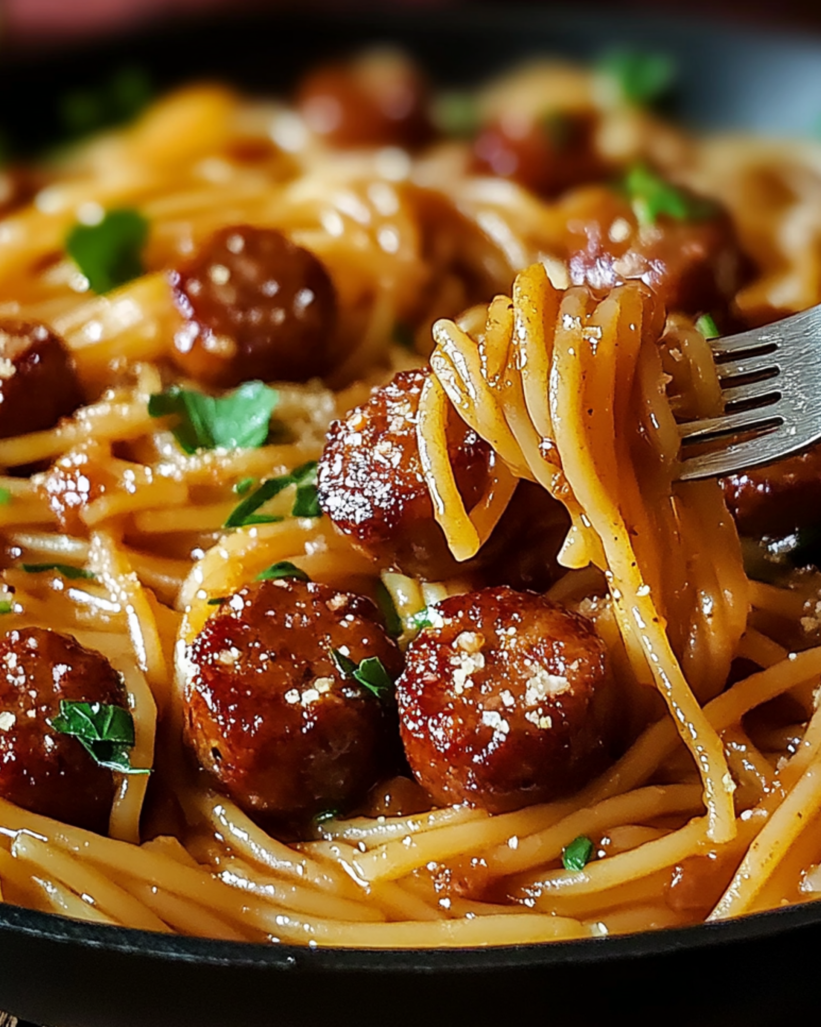 Sticky Honey Garlic Sausage Pasta Skillet